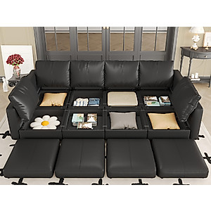 EASE MOOSE Modular Sectional Sofa Sleeper Couch with Storage, 8 Seat Faux Leather sectional Modular Sofa Large Moduar Sleeper Sofa Black Sectional Sofa Bed Modular Couch for Living Room