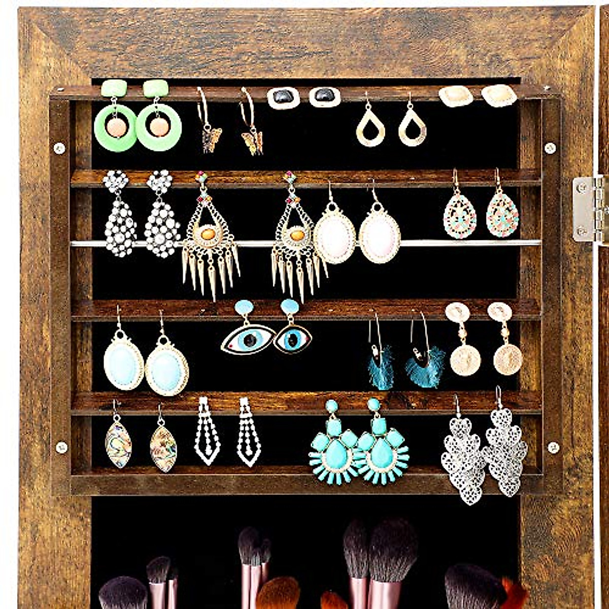 Knocbel 6 LED Jewelry Cabinet Full Body Mirror Lockable Jewelry Armoire Standing Angel Adjustable Storage Organizer Box with Inner Mirror & 2 Drawers, 15.75" L x 15" W x 61.42" H (Antique)