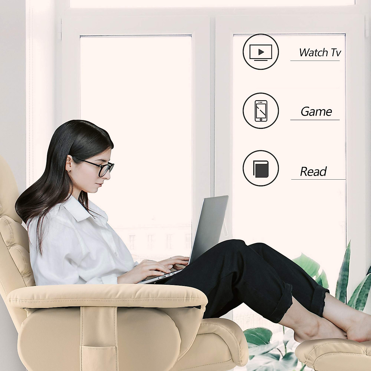 MCombo Recliner with Ottoman, Reclining Chair with Massage, 360 Swivel Living Room Chair Faux Leather 7902 (Cream White)