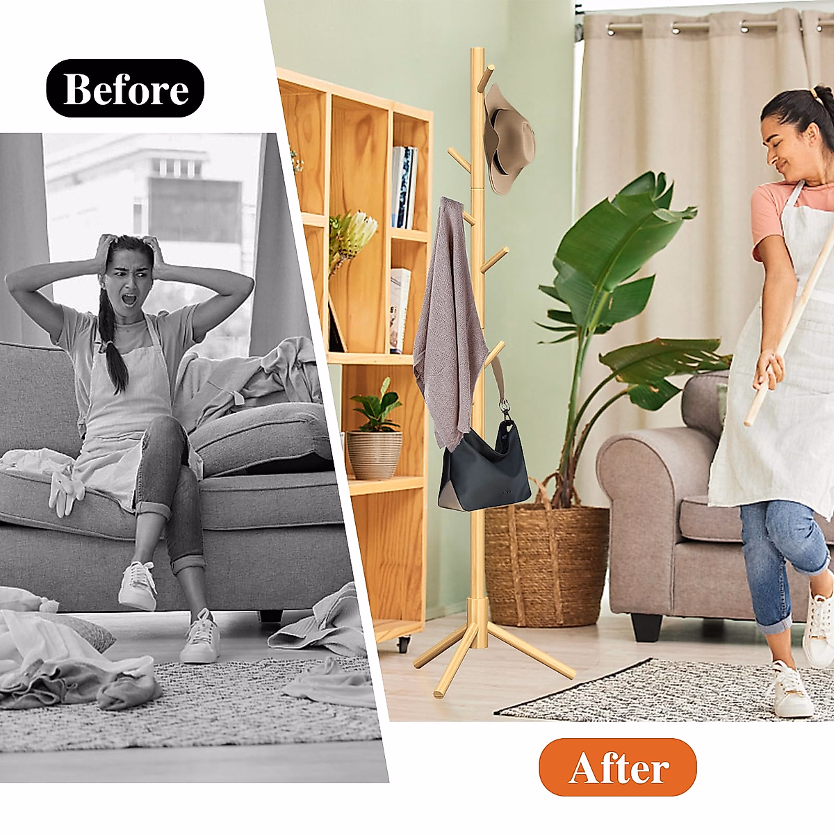 Z&L HOUSE Coat Rack Freestanding, Pure Natural Solid Wooden Coat Tree, 8 Hooks And Adjustable Height Floor Hanger, Used In The Bedroom Living Room Office To Hang Clothes, Hats, Bags