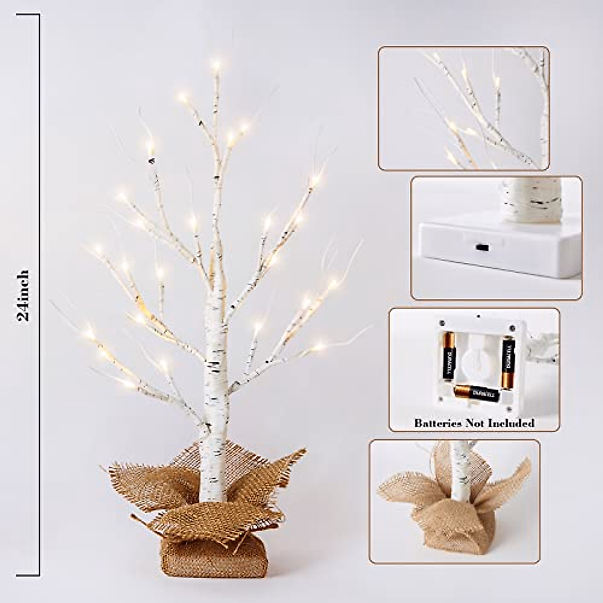 Lighted Birch Tree, 2pcs 24”H Tabletop Tree Light with Burlap Decor, Pre-Lit 24 LED Warm White Lights, Timer Function, Money Tree Perfect for Spring Home Centerpiece Decor, Indoor&Outdoor Use