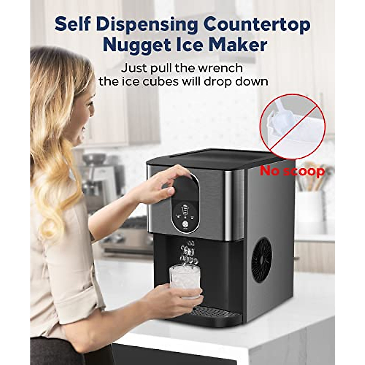 Kndko Nugget Ice Maker,Self Dispensing Pellet Ice Maker,44lbs/24H, Self Cleaning Ice Maker,3.3lbs Ice Storage,Nugget Ice Maker Dispenser,Countertop Nugget Ice Maker for Home Kitchen Bar Party Black