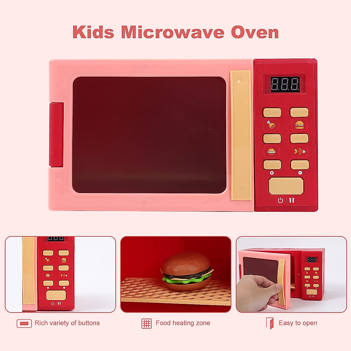 Cuterabit Toy Microwave Oven Playset with Light and Sound, Toy Kitchen Appliances for Kids, Play Kitchen Accessories and Toy Food for Toddlers 3 Year Old Up Girls Boys, Red