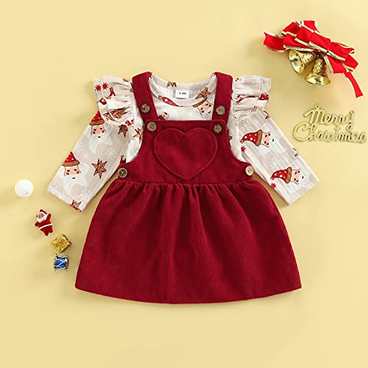 Nicoxijia Newborn Baby Girl Christmas Outfit Long Sleeve Romper Bodysuit Elk Plaid Suspender Skirt Overall Headband 3Pcs Set (B4-Red Romper+Corduroy Skirt 2PCS, 12-18 Months)