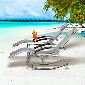 VORTEXTOVE Outdoor Chaise Lounge Chairs Set of 3,Iron Patio Rocking Chair Set, Including Patio Lawn Rockers with Coffee Table and Headrests, Suitable for Yard, Patio, Deck, and Backyard. (Gray)