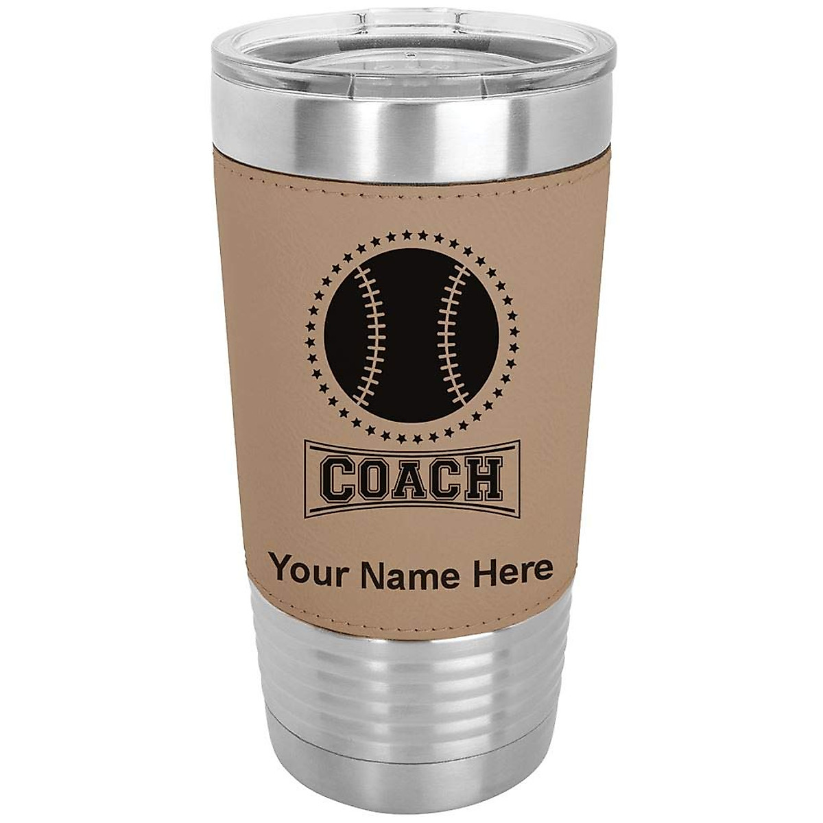 LaserGram 20oz Vacuum Insulated Tumbler Mug, Baseball Coach, Personalized Engraving Included (Faux Leather, Light Brown)