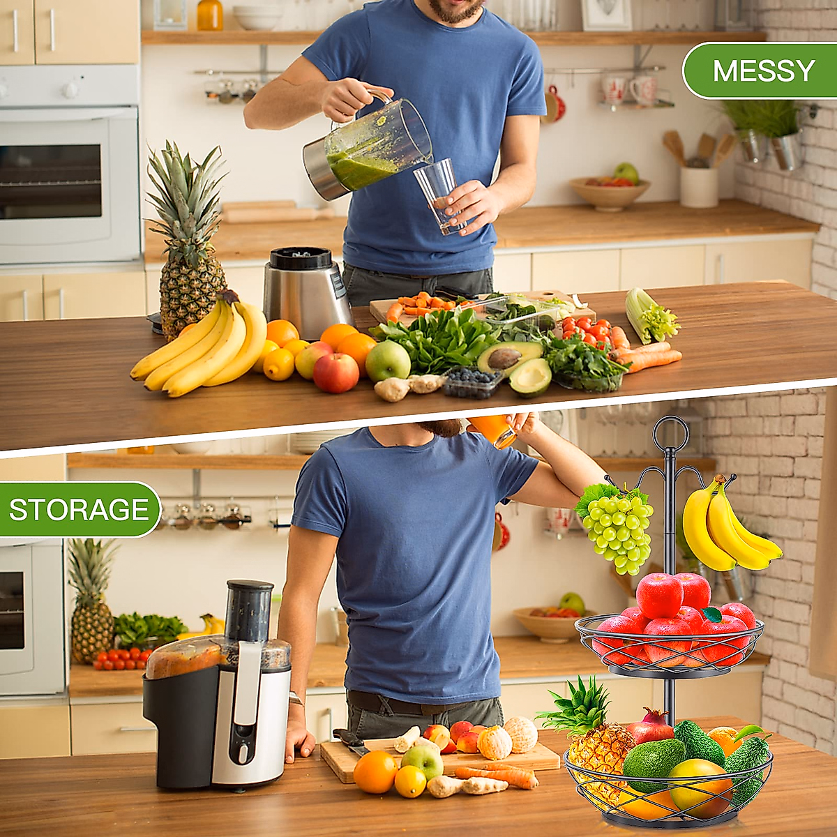 PT COVER Fruit Basket - 2 Tier Fruit Bowl with Banana Hanger for Kitchen Counter Fruit Holder - Elegant Black