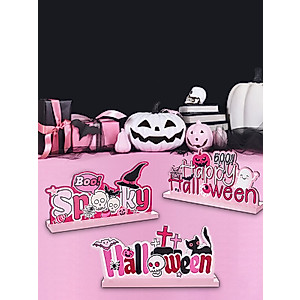3 pcs Halloween Table Decor Wooden Centerpiece Signs- Happy Halloween Trick or Treat Boo Tabletop Signs with Witch Hat Goast Pumpkin for Home Party Office Desk Halloween Decorations Indoor