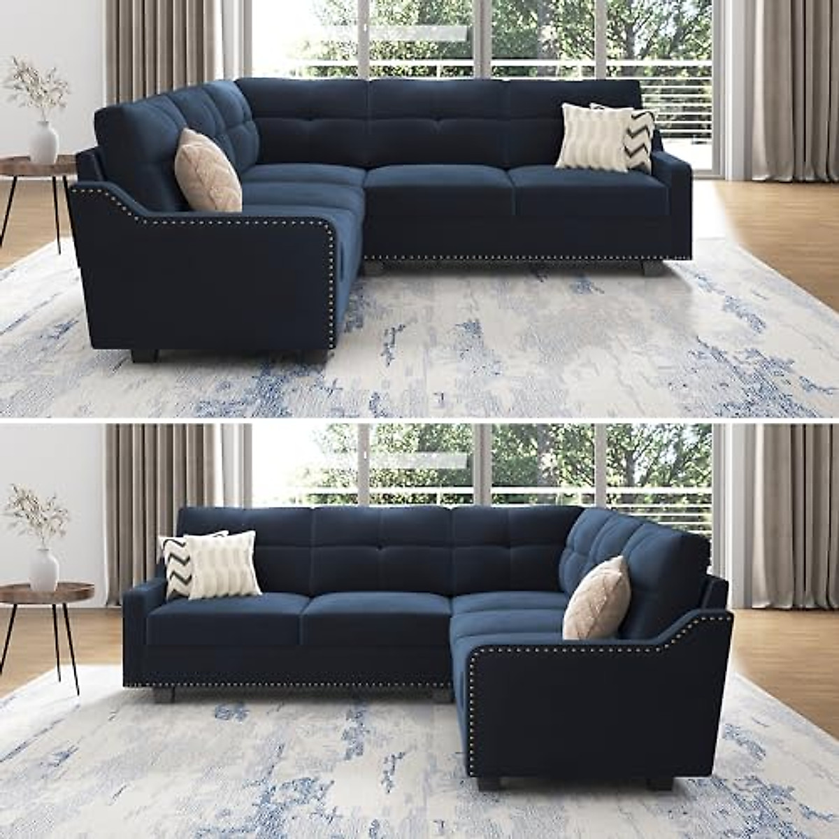 HONBAY Convertible Sectional Sofa L Shaped Couch for Small Apartment Reversible Sectional Couch for Living Room,Velvet Dark Blue