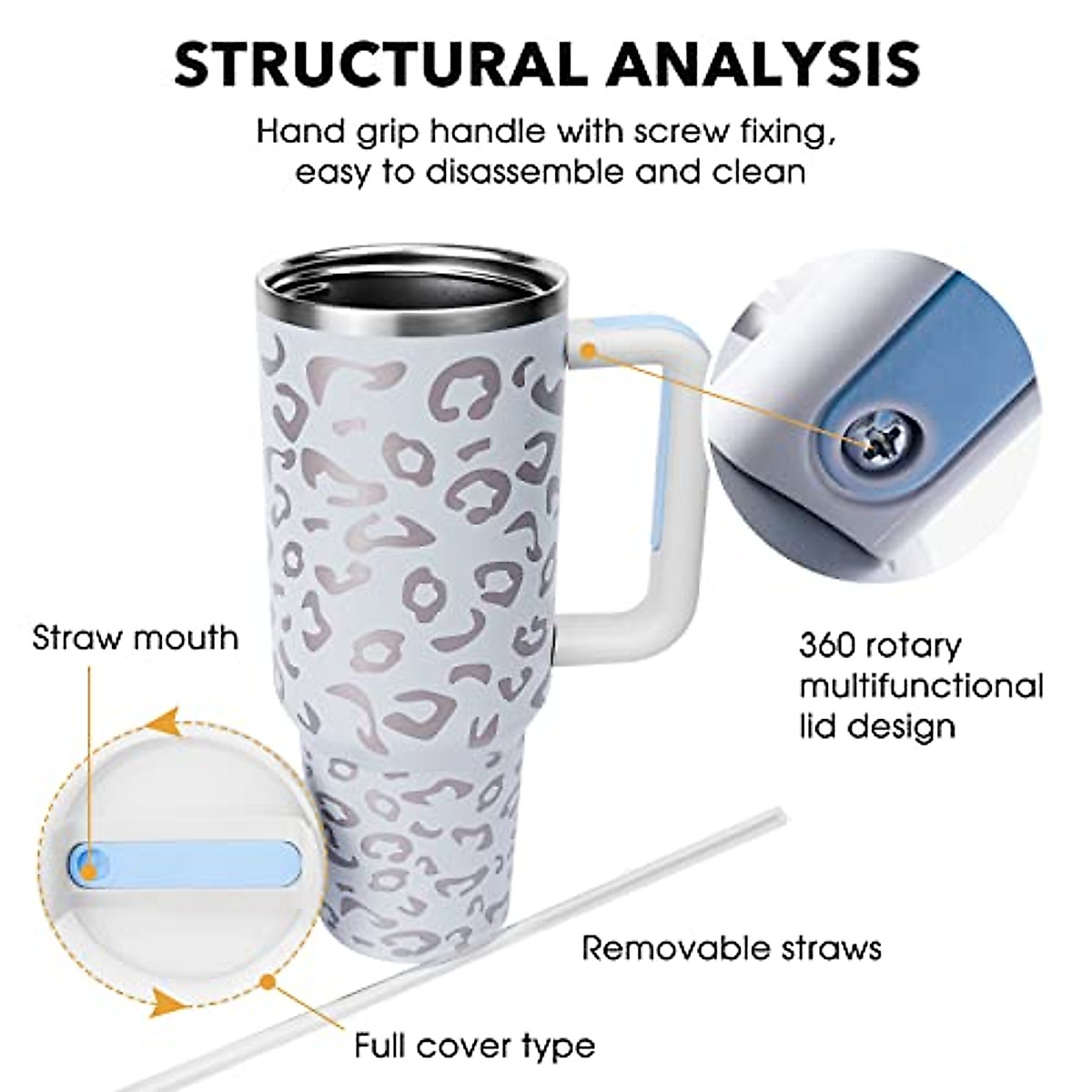 Serborni 40 oz Tumbler With Handle and 3 Straws Lid, Insulated Tumblers Stainless Steel Travel Coffee Mugs For Hot and Cold（Bay Leaf）