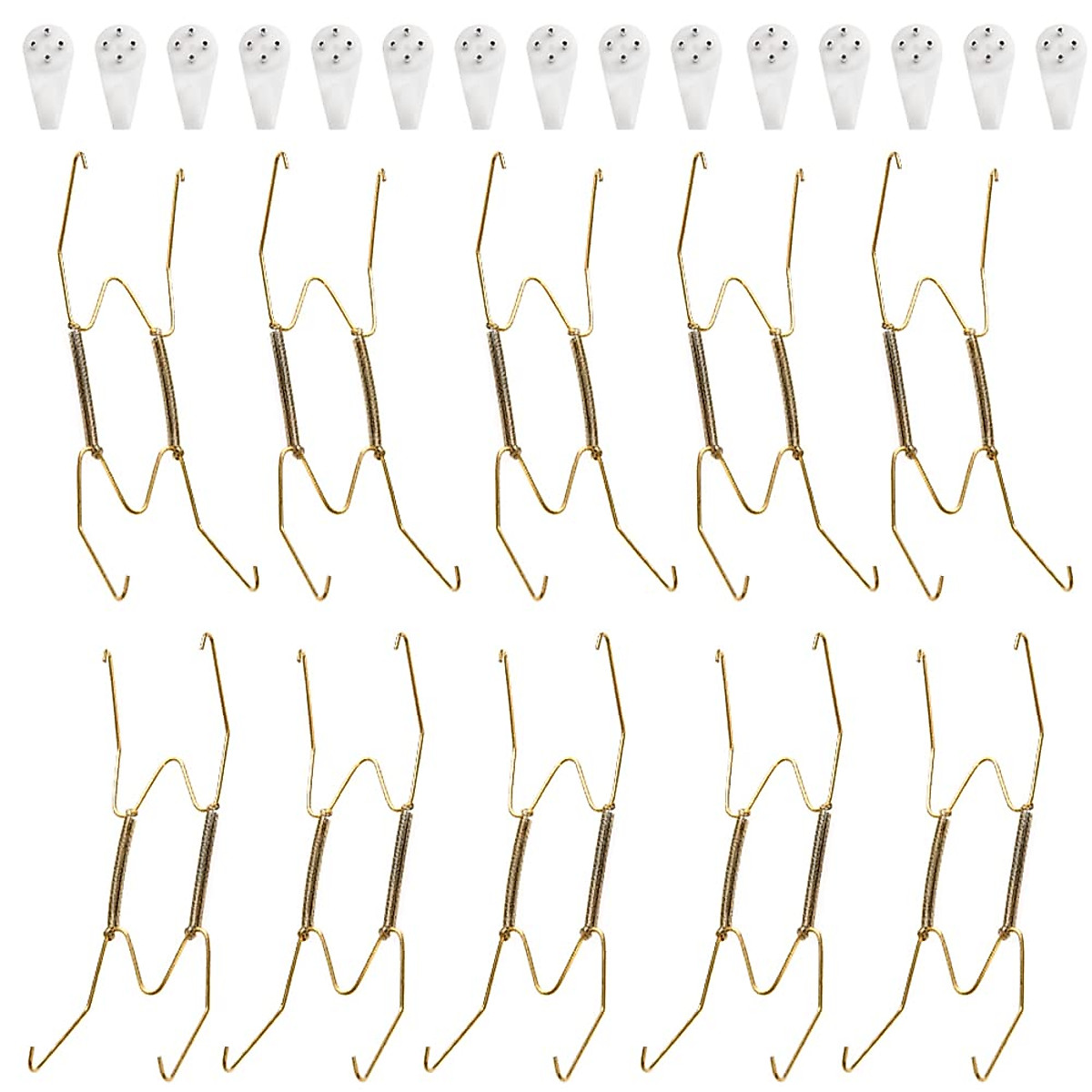 FOCCTS 10 Pack Plate Hangers, 8 Inch Wall Plate Hangers and 15 Pack Wall Hooks, Invisible Display Hanger Brass Coated Holds 7.5" to 8.8" Plates