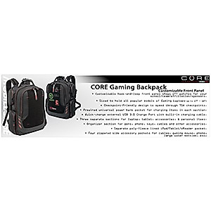 Core Gaming Laptop Backpack From Mobile Edge Core Gaming, 17.3 Inch, External USB 3.0 Quick-Charge Port w/Built-in Charging Cable, Patch Panel - Black w/Red Trim - MECGBPV1