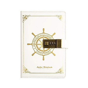 Diary And Notebook Digital Password Notebook Leather Binder Journal Combination Metal Code Lock Diary Print Bronzing Locking Journal Diary (Color : White)