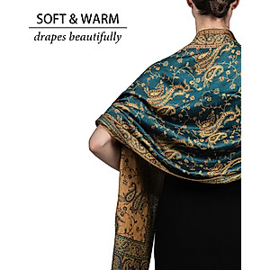 Achillea Soft Silky Reversible Paisley Pashmina Shawl Wrap Scarf w/Fringes (Dark Seagreen)