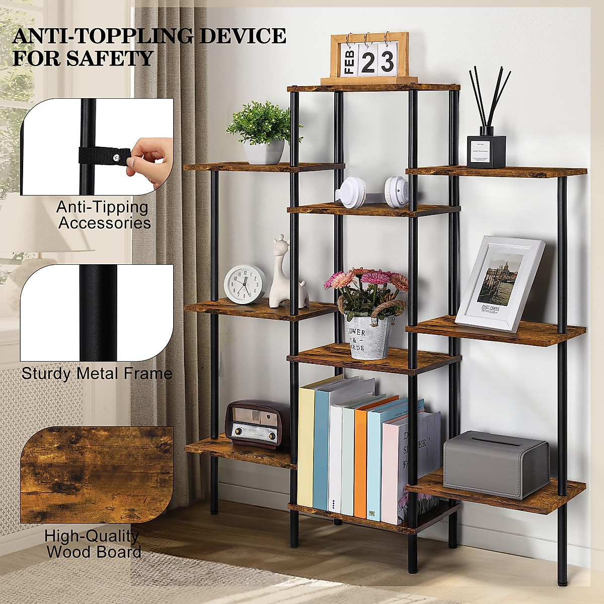 Shinoske 4-Tier Bookshelf,Small Triple Wide Bookcase for Books,CDs,Movies,Display Shelf with 10 Open Shelves for Living Room,Home Office,Balcony,Rustic Brown