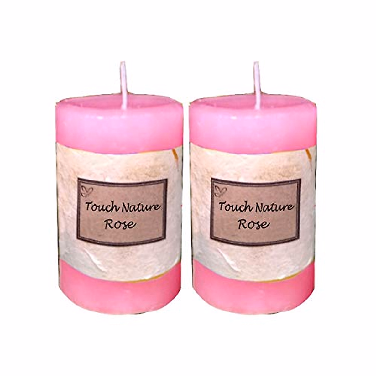 Touch Nature Rose Essential Oil Scented Aromatherapy Fragrant Pink Handmade Candle. Hand Poured Rustic Home Décor Pillar Candles. Decorated with Handmade Nepali Lokta Paper. (5x7 cm, Set of 2)