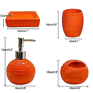 LISANEK Bathroom Accessories Set 4 Piece Ceramic Bathroom Accessories Decoration Set with Lotion Dispenser, Soap Dish,Cup,Toothbrush Holder (Orange)