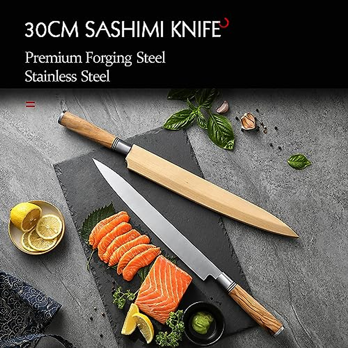 HEZHEN 300mm Sashimi Knife,Forged Steel Sushi Yanagiba Knife, Sushi Slicing, Wooden Handle Knife Case