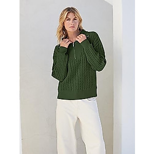 MEROKEETY Women's 2023 Long Sleeve 1/4 Zipper Sweaters V Neck Cable Knit Pullover Tops Army Green Medium