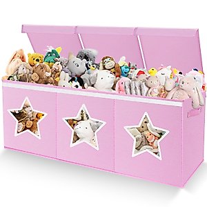 Xmasorme Extra Large Toy Box Chest, Toy Storage Organizer Bins with Transparent Windows, Foldable Storage Box for Kids,Boys,Girls,Toddler,Nursery Room,Playroom(Light Pink Star)