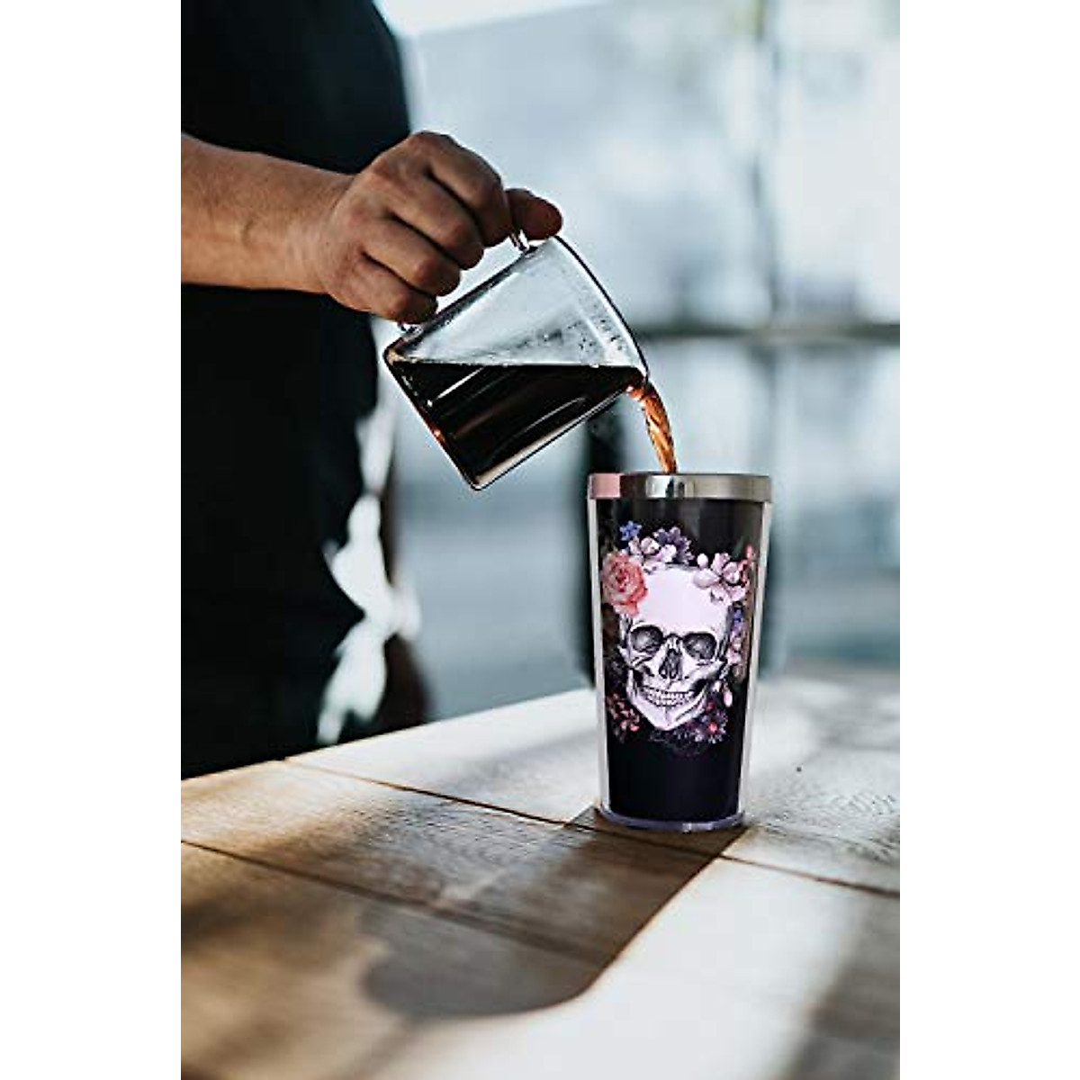 CUAJH Skull Flower Travel Coffee Mug, Personalized Coffee Tumbler with Wrap and Lid, Stainless Lined for Women Men, 14 OZ