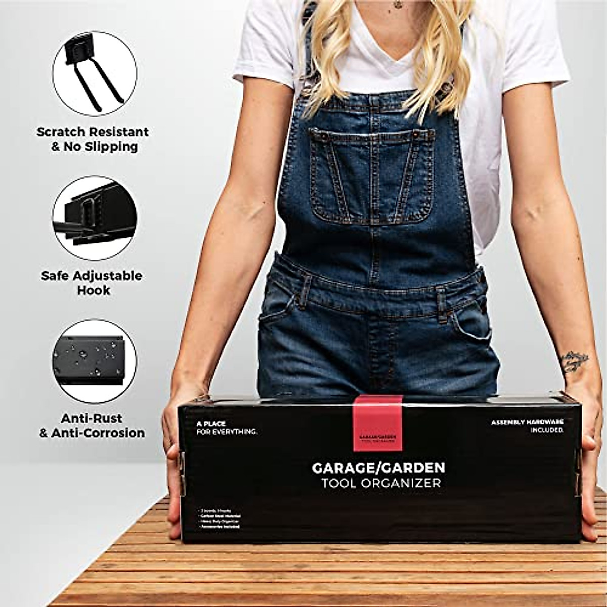 TIDYME Garage Tool Organizer Wall Mount - Sturdy Storage Rack with Adjustable Hooks, Anti-Rust Panel - Easy Installation, 300lbs Capacity - Garden Tool Organizer for Garage with 3 Rails and 6 Hooks