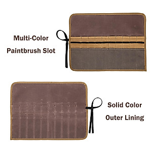 Kaaltisy Artist Brush & Pencil Holder Case, Portable Paintbrush Storage Roll with Tie Rope & 2-Layer Slots - Heavy Duty 16OZ Waxed Canvas Paintbrush Roll | Brown