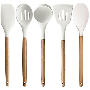 IOCBYHZ Silicone Kitchen Utensils Set of 5, Cooking Utensils Set with Heat Resistant Wooden Handle Non-Stick Silicone Spatula Spoon Turner Ladle Set, BPA FREE Kitchen Gadgets Utensil Set for Cookware