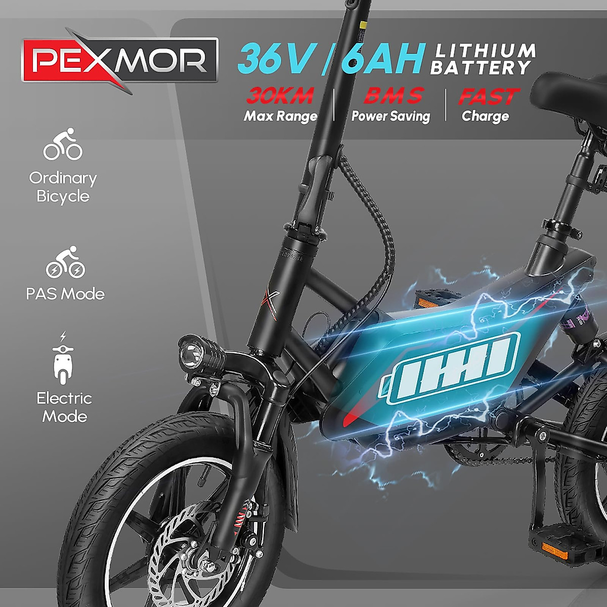 PEXMOR Electric Bike for Adults, 350W Motor (Peak 500W) Folding Ebike | Full Suspension | 36V 6AH Battery, 14" Foldable Commuter City Electric Bicycle for Adults/Teens, Complies to UL2849