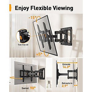 Perlegear UL-Listed Full Motion TV Wall Mount for 40–86 Inch Flat Curved TVs up to 132 lbs, 12″/16″ Wood Studs, TV Mount Bracket with Tool-Free Tilt, Swivel, Extension, Max VESA 600 x 400mm, PGLF15