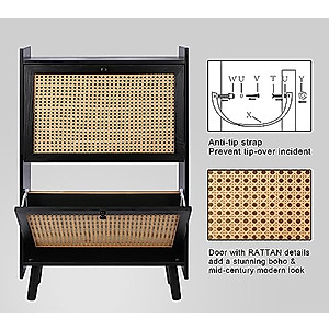 ZYBT Black Entryway Shoe Storage Organizer, Wooden Shoe Rack for Door, Free Standing Shoe Racks for Entryway, Shoe Storage Cabinet for Entryway Slim, 2 Flip Drawers Rattan Shoe Organizer