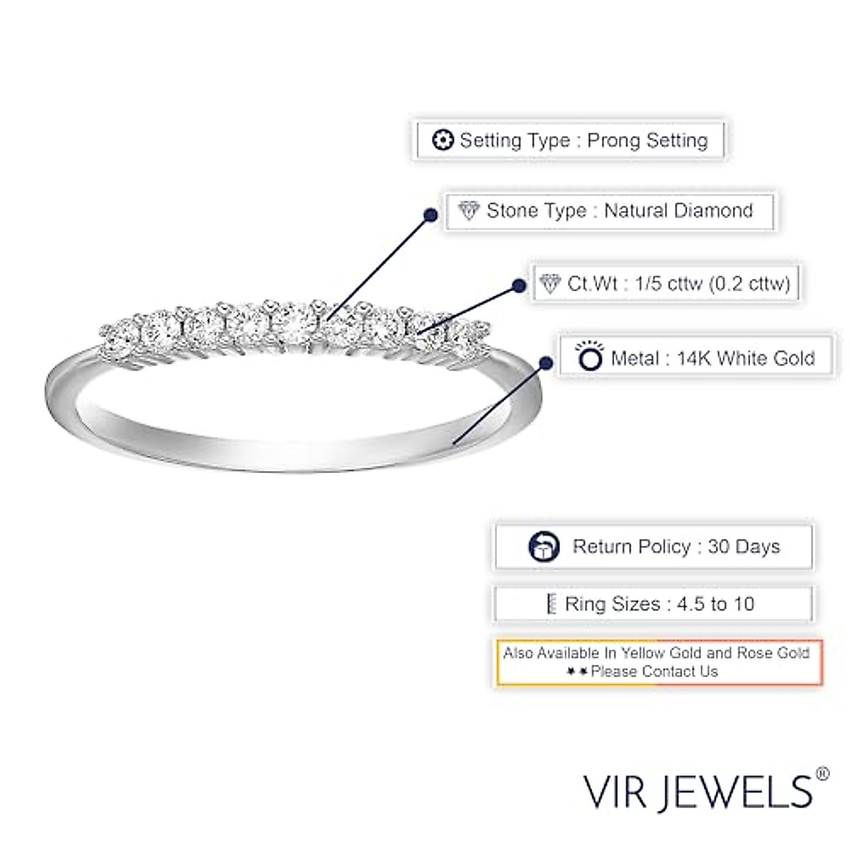 VIR JEWELS 1/5 cttw Round Diamond Wedding Band for Women in 14K White Gold 9 Stones Prong Set, Size 9.5