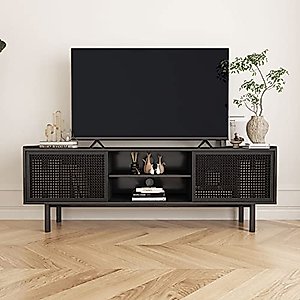 ORRD TV Stand for TVs Up to 70 Inch, Accent Iron Rattan Storage Cabinet Television Stands Entertainment Media Center Console Table with Sliding Barn Door and Adjustable Shelves for Living Room