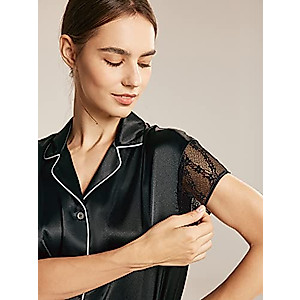 AW BRIDAL Black Pajamas Set for Women Satin Bridal Pajamas for Bride Bridesmaid Silk Button Down Pjs Set 2 Pieces, Black L