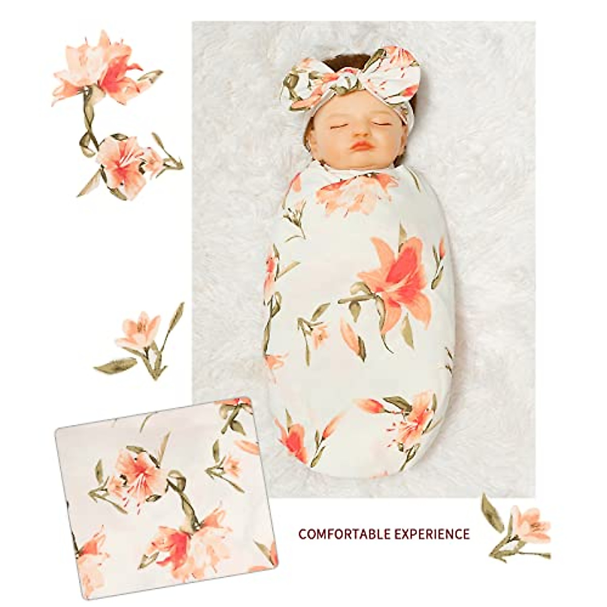 insular Swaddle Blankets Beanie Hat Headband Sets, Newborn Baby Girl Swaddle Sack, Receiving Blankets Infant Baby Gifts, Photo Props Photography(White Lily)