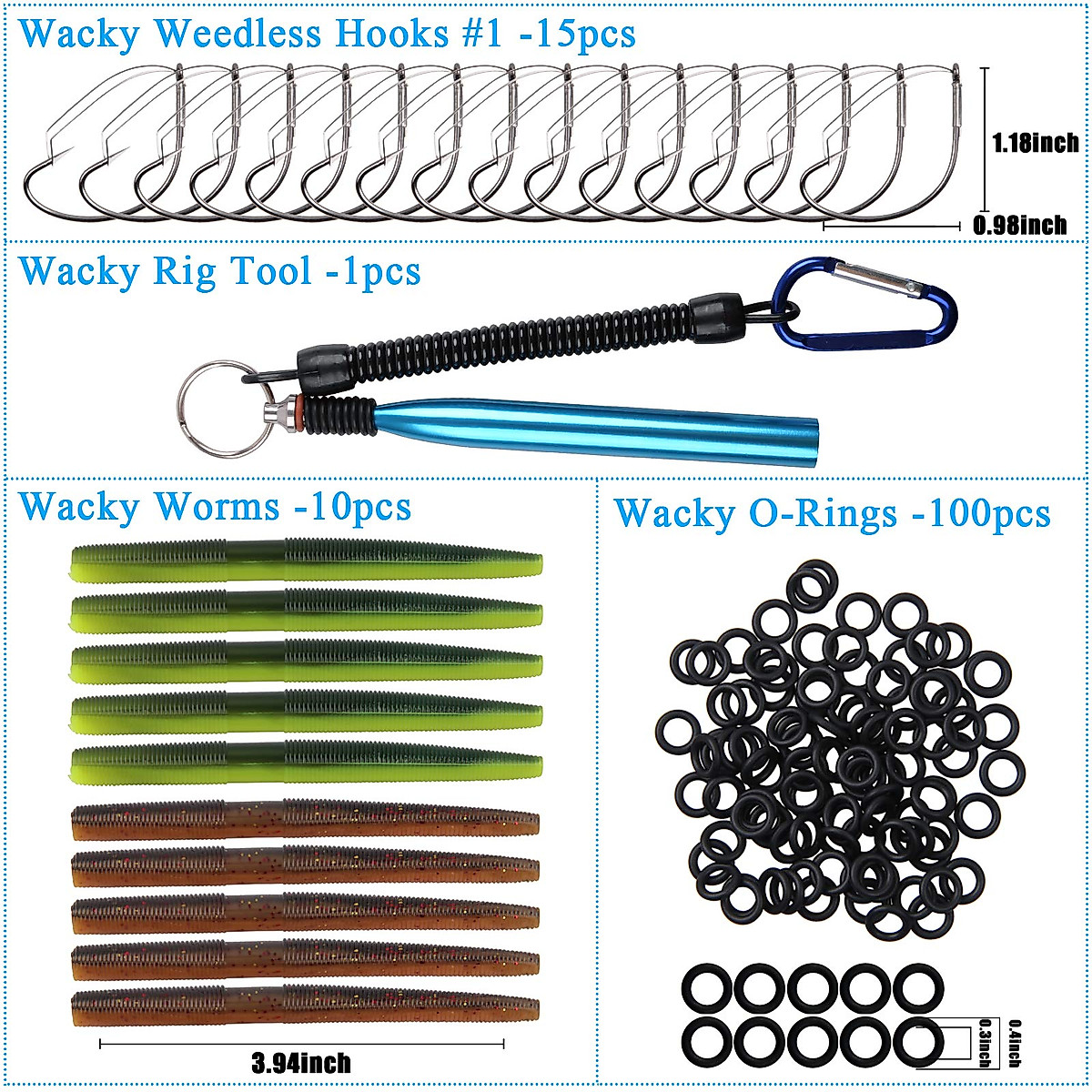 Wacky Rig Worm Hooks Fishing Tool Kit – Wacky Worms, Wacky O-Rings, Wacky Rig Tool, Wacky Weedless Hooks Soft Stick Bait Fishing Lures Hooks Kit