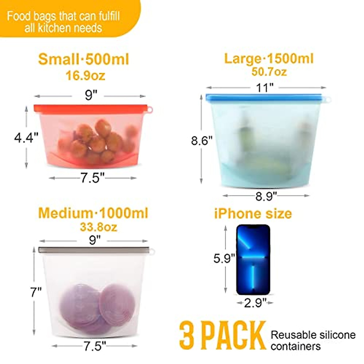 FTCIRA Reusable Silicone Bags for Food Storage, Reusable ziploc Bags,100% Food Grade Silicone,LEAKPROOF, AIRTIGHT |Lunch, Travel, Makeup, Gym Bag | Freezer, Oven, Microwave, Dishwasher Safe(3 Pack, 3 Sizes,Multi )