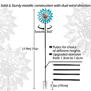 Solar Wind Spinner New Azure 75in Multi-Color Seasonal LED Lighting Solar Powered Glass Ball with Kinetic Wind Spinner Dual Direction for Patio Lawn & Garden