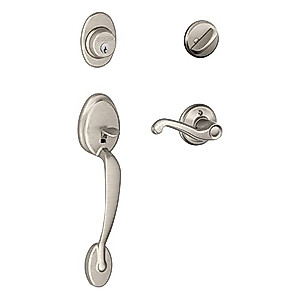 Schlage F60 V PLY 619 FLA Plymouth Front Entry Handleset with Flair Lever, Deadbolt Keyed 1 Side, Satin Nickel