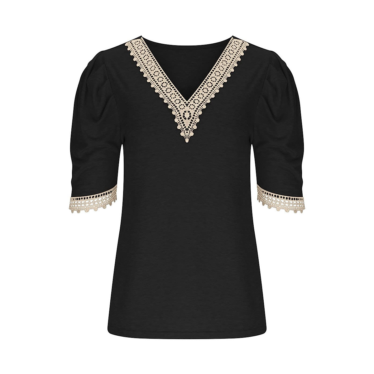 Tshirts Dresses Shirts for Women Sexy Women's Casual Summer V Neck Solid Color Hollow Gold Lace Stitching Bubble Short