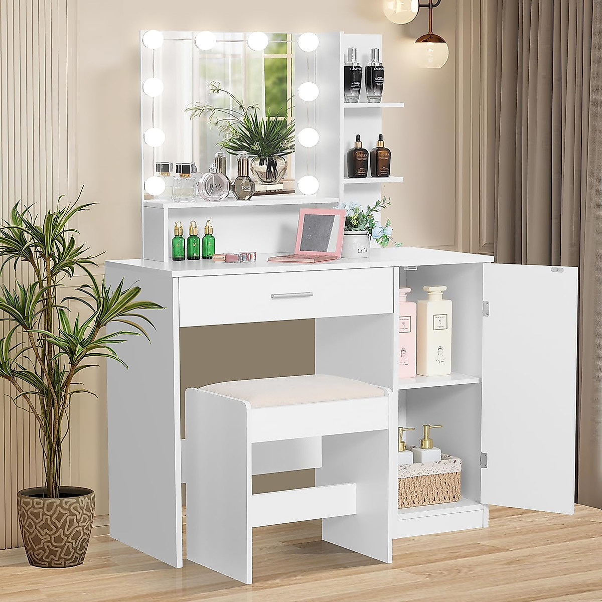 usikey Makeup Vanity Desk for Valentine's Day, Vanity Desk Set with 1 Drawer, 1 Cabinet & 3 Shelves, Makeup Vanity Table with Stool for Bedroom, 3 Lighting Modes & Brightness Adjustable, White
