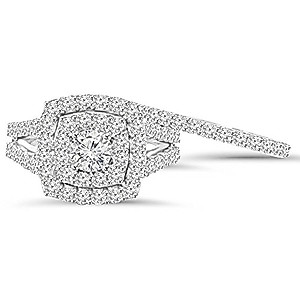 Pompeii3 10k White Gold 2 Ct T.W. Diamond Cushion Halo Engagement Ring Matching Wedding Band Bridal Women's Set Round-Cut Natural Diamonds
