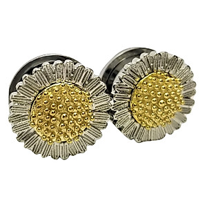 Stainless Steel Sunflower Ear Plugs - Quality Screw-On Gauges - 6 Sizes - Pair - New! (0 Gauge (8mm))