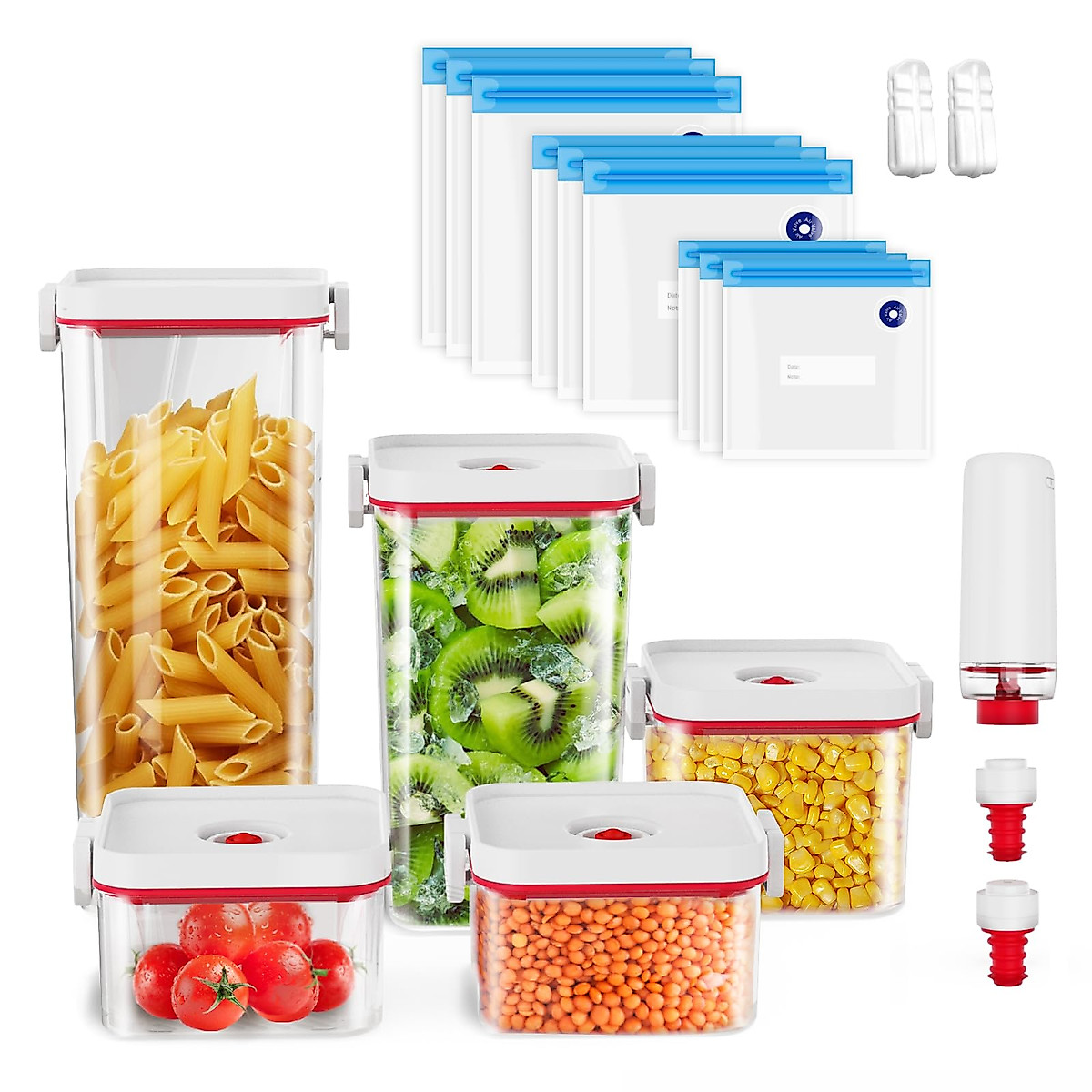CrazyQueen Food Storage Containers with Lids, Vacuum Seal Containers for Food Storage, 5PCS Containers with 9PCS Vacuum Storage Bags & 2PCS Wine Stoppers for Cereal Bread Rice Kitchen Pantry