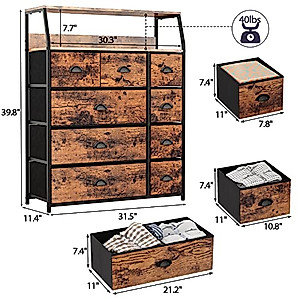 Furnulem 9 Drawer Dresser Large with Shelf, Tall Closet Storage Organizer for Bedroom, Fabric Storage Dresser, Wooden Top, Living Room, Entryway-Industrial Style (Rustic Brown, 31.5"x11.4"x39.8")