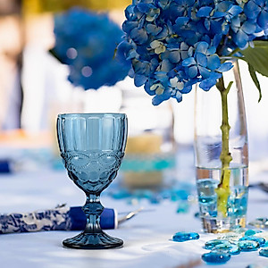 Wongblee Vintage Glass Goblets 10.8 Oz, Embossed Stemmed Glasses, Assorted Colored Drinking Glasses for Wine, Water, Juice, Beverage, Set of 4