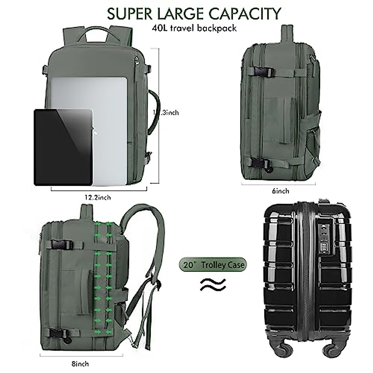 Beraliy Travel Backpack for Men Women, Airline Approved Personal Bag,17 Inch Laptop Backpack, Carry On Backpack for Hiking Overnight with USB Charging Hole, Olive-green