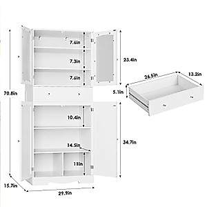 HORSTORS 71" Pantry Cabinet, Tall Kitchen Pantry Storage Cabinet, Large Food Pantry, Freestanding Storage Cabinet with Drawer | Shelves | Glass Doors for Dining Living Room, Bathroom, White