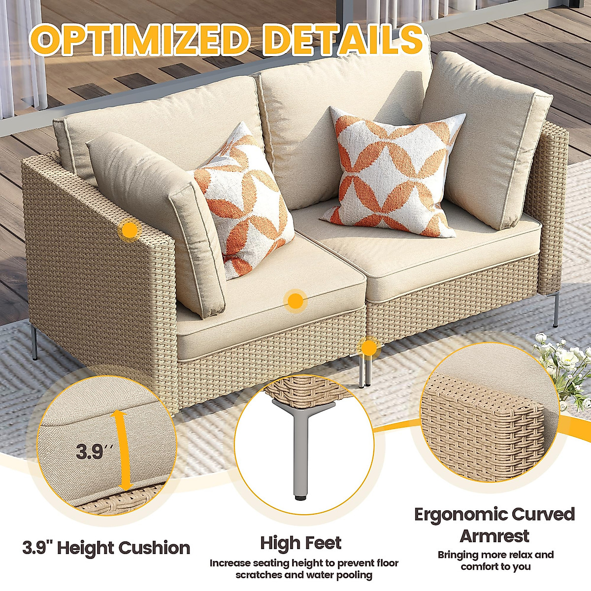 VICLLAX 7 Pieces Patio Conversation Set, Cushioned Outdoor Furniture Set of 7, Wicker Outdoor Sectional Sofa Set with Glass-top Table for Lawn, Backyard, Garden, Oak Rattan
