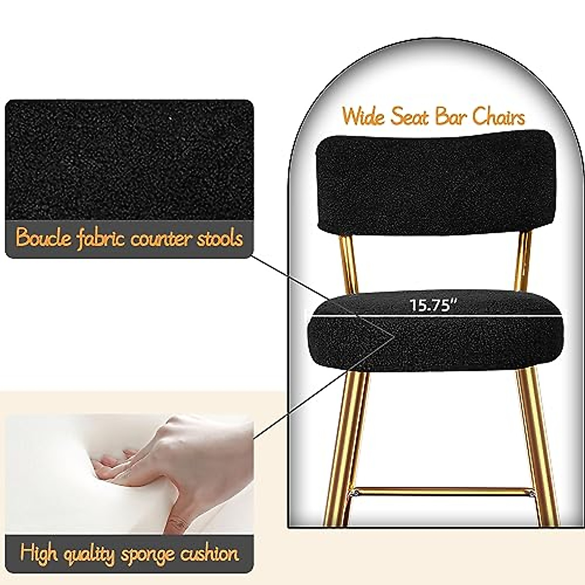 Sucrever 24” Boucle Bar Stools Set of 6, Counter Height Bar Stools with Back, Sherpa Barstools with Golden Metal Legs/Footrest, Black Boucle Bar Chairs Bar Stools for Kitchen Island, Dining Room